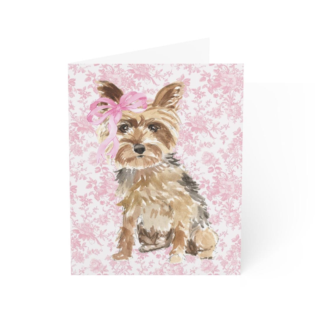Pink Bow Toile Yorkshire Terrier Blank Card, Yorkie Chinoiserie Thank ...