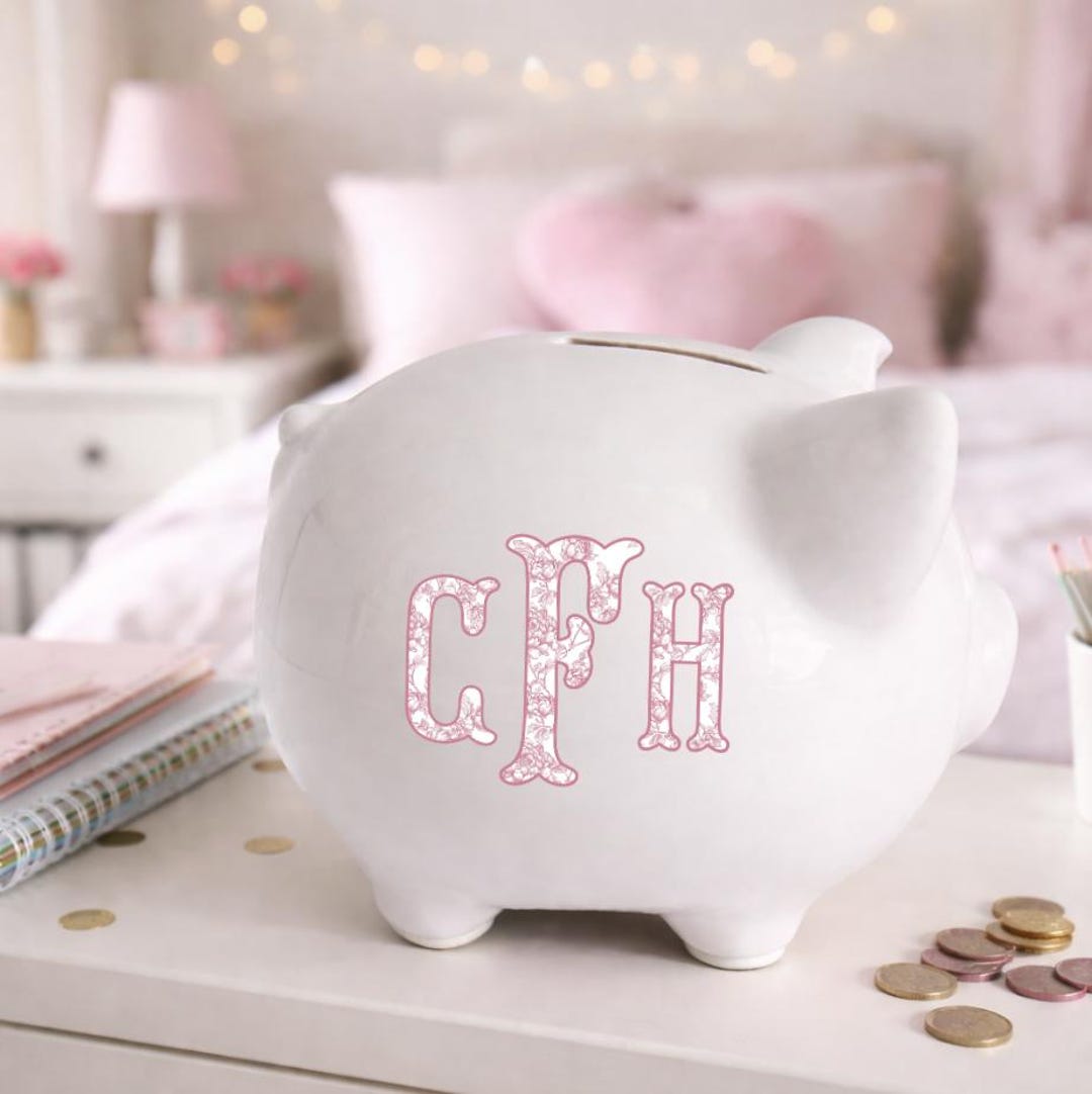 Personalized Toile Pink Gingham Monogram Piggy Bank, Baby Girl Nursery ...