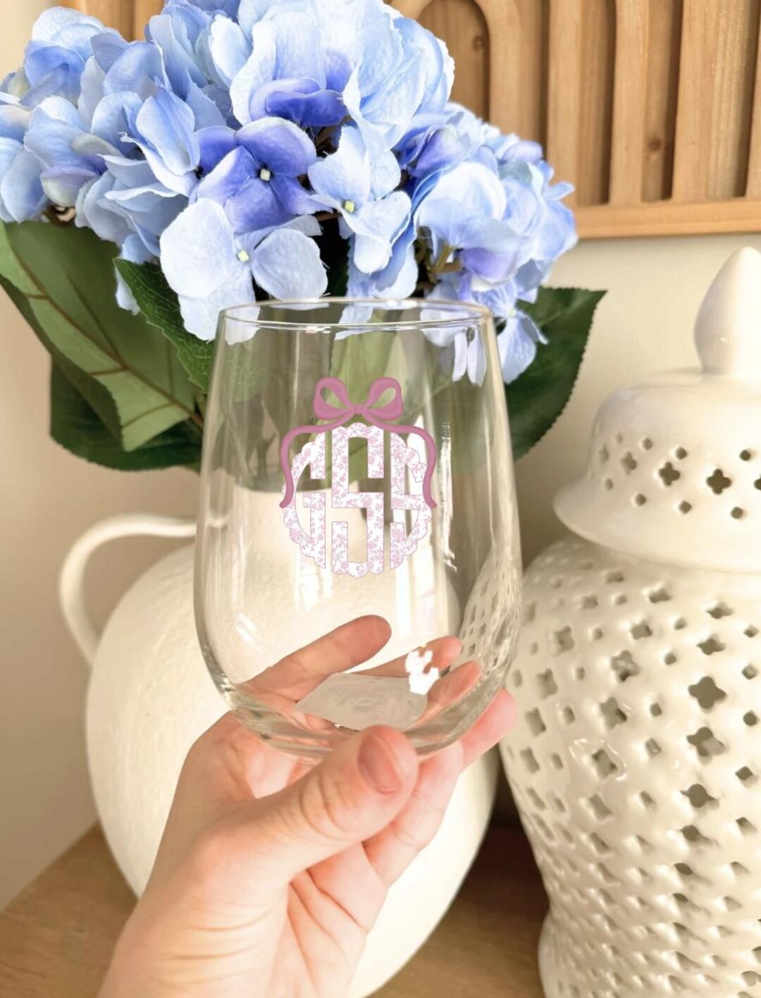 Pink Monogram Toile Chinoiserie Preppy Initial Wine Glass, Vintage Wine ...