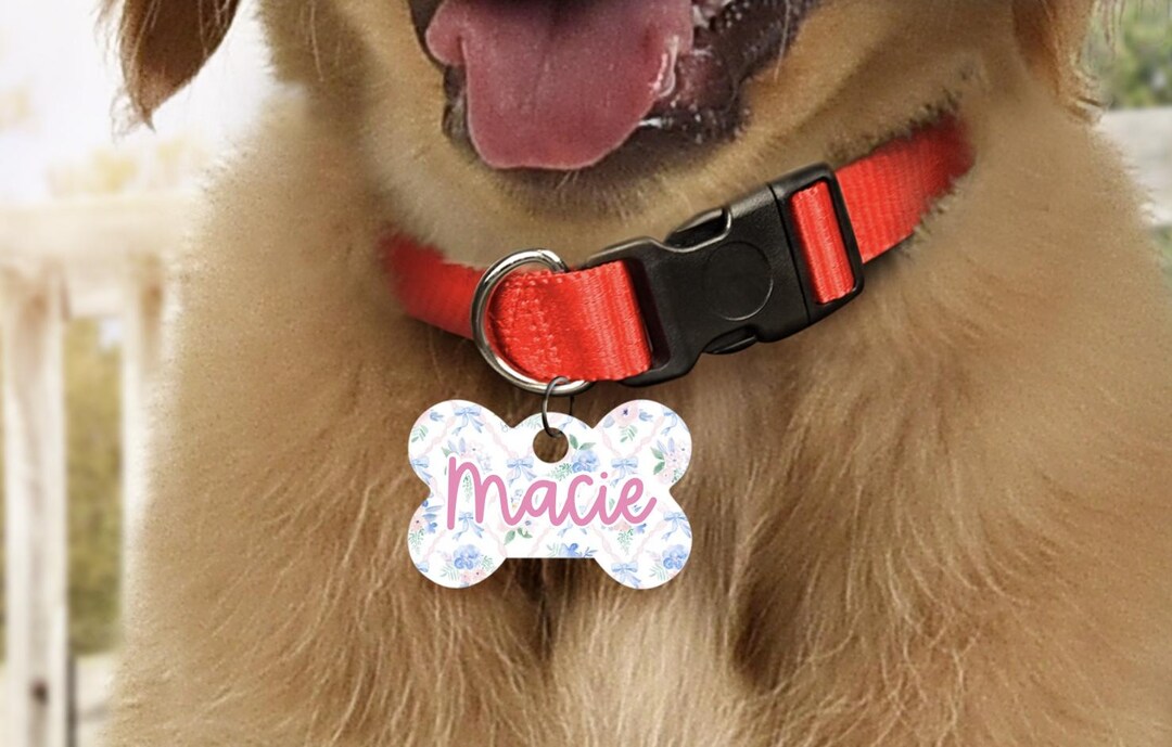 2 Inch Floral Grandmillennial Style Pink Dog Tag, Dog Tags Custom With ...