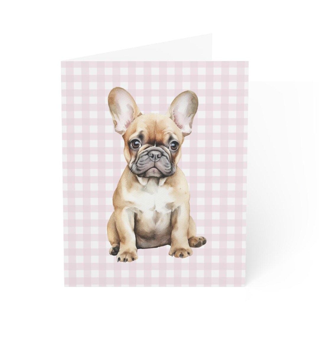 Pink Gingham French Bulldog Blank Card, Frenchie Chinoiserie Thank You ...