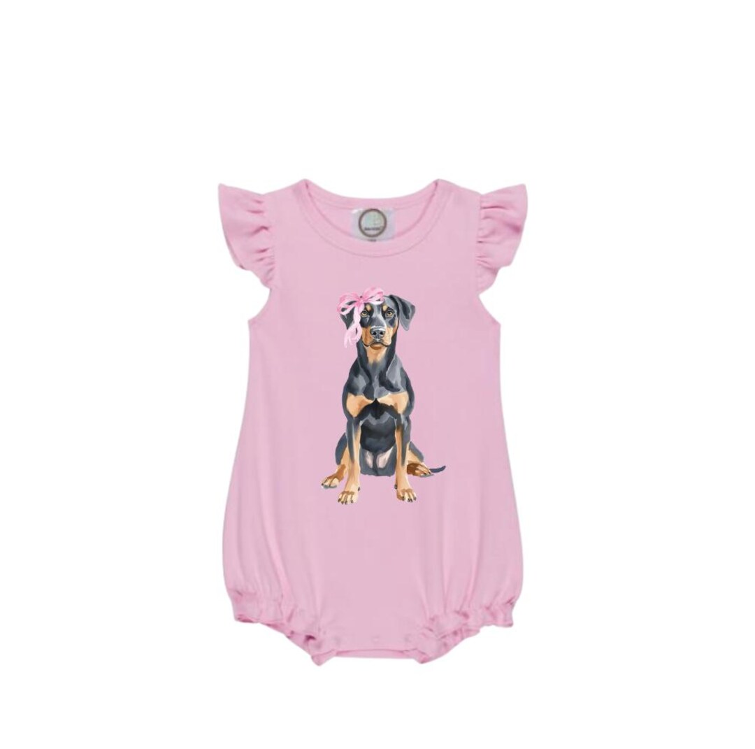 Ruffle Pink Bow Doberman Dog Bubble Romper, Girls Personalized Baby ...