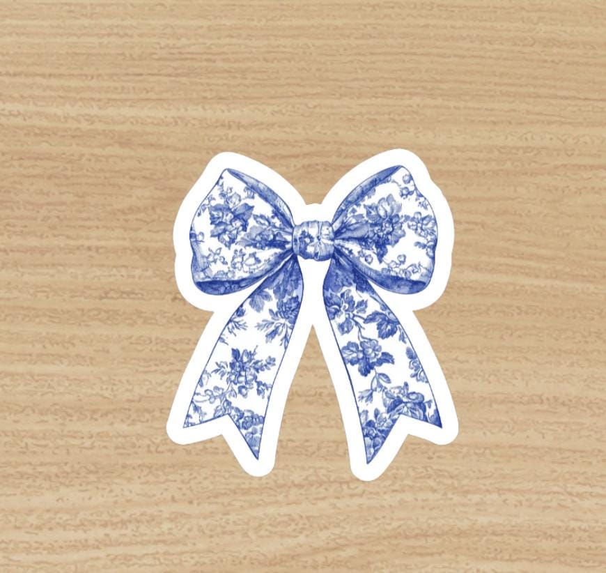 Coquette Toile Blue Bow Sticker, Grandmillennial Preppy Aesthetic Soft ...