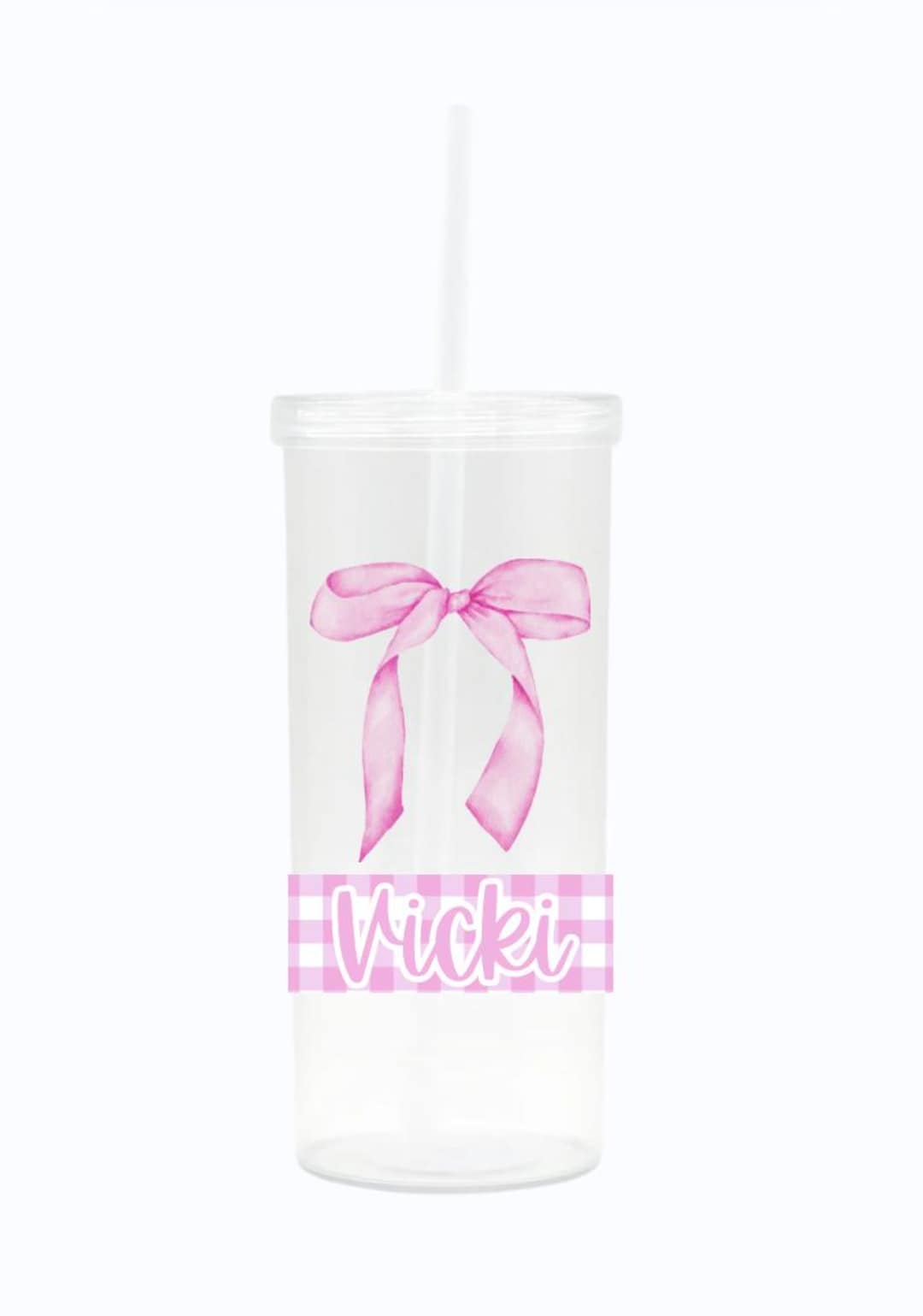 Preppy Girls Pink Bow Monogram Plastic Tumbler Cup, Gingham With Name ...