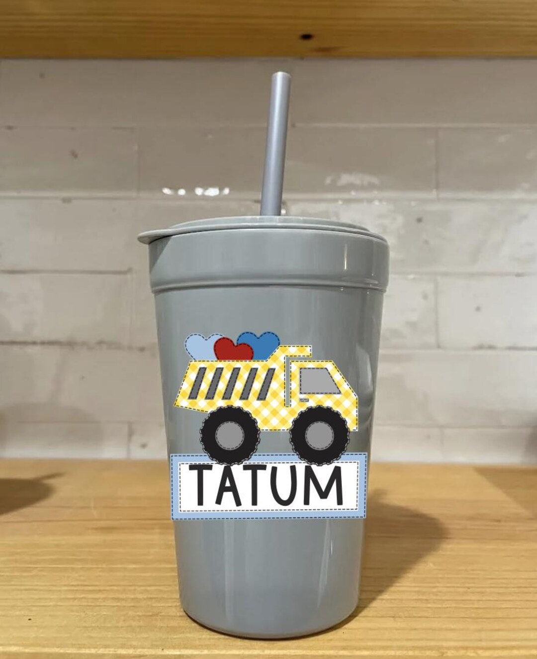 Kids Valentines Truck Heart Cups With Lid and Straw, Girl Boy Gingham ...