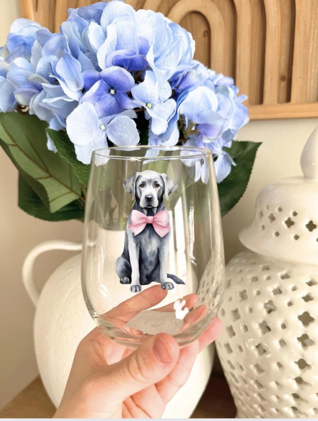 Silver Lab Wine Glass, Pink Bow Grandmillennial Style Coquette ...