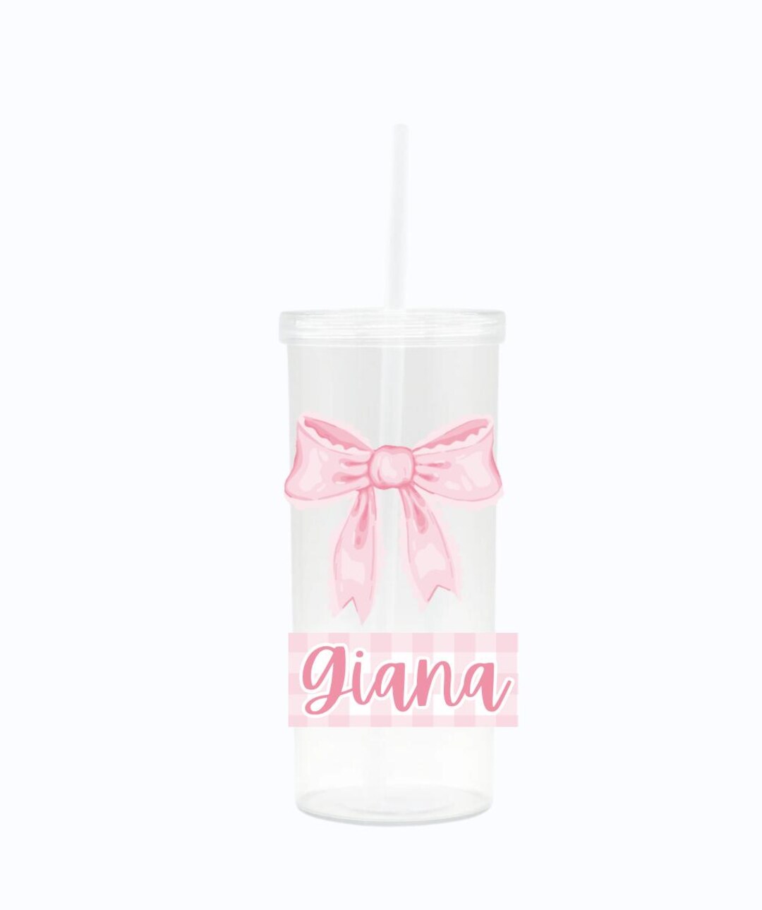 Preppy Girls Pink Bow Monogram Plastic Tumbler Cup, Gingham With Name ...
