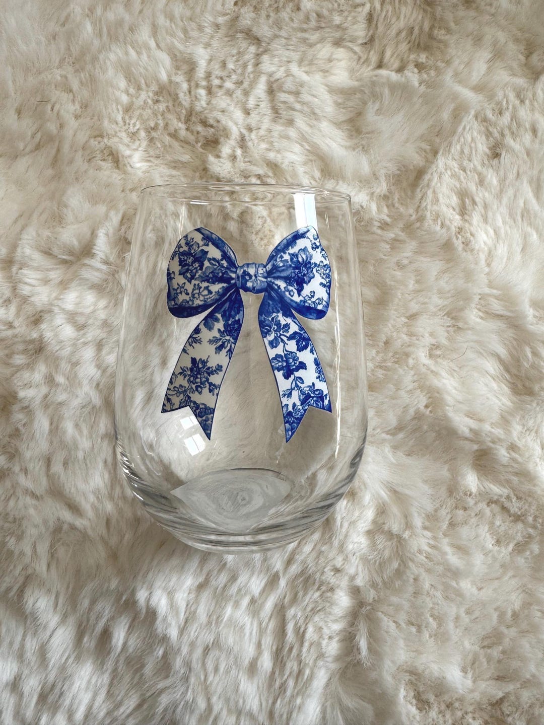 Blue Toile Ribbon Bow Wine Glass, Floral Grandmillennial Style Coquette ...