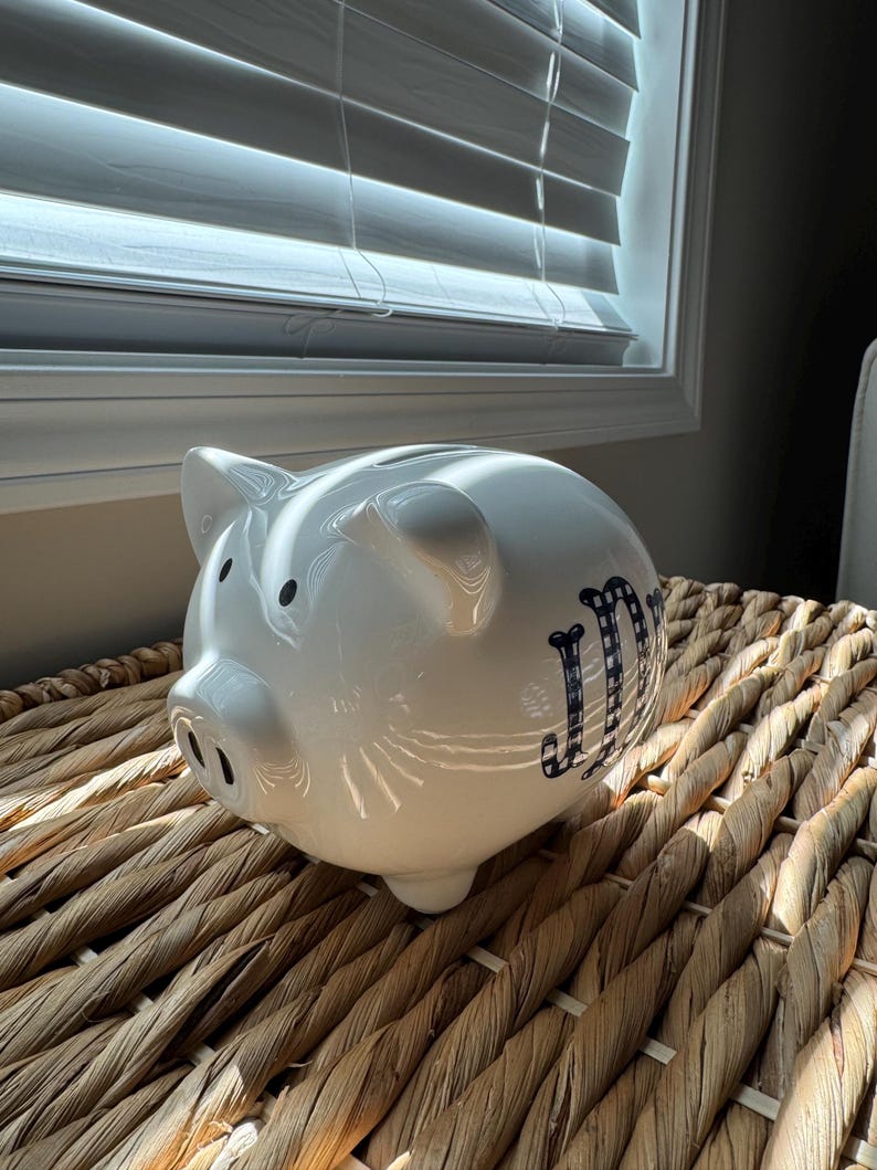 Personalized Navy Blue Gingham Monogram Piggy Bank, Baby Boy Nursery ...