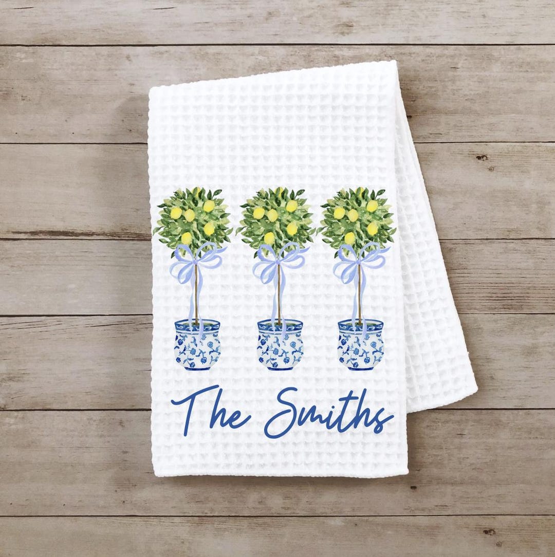 Lemon Tree Custom Chinoiserie Blue Topiary Tea Dish Hand Kitchen Towel ...