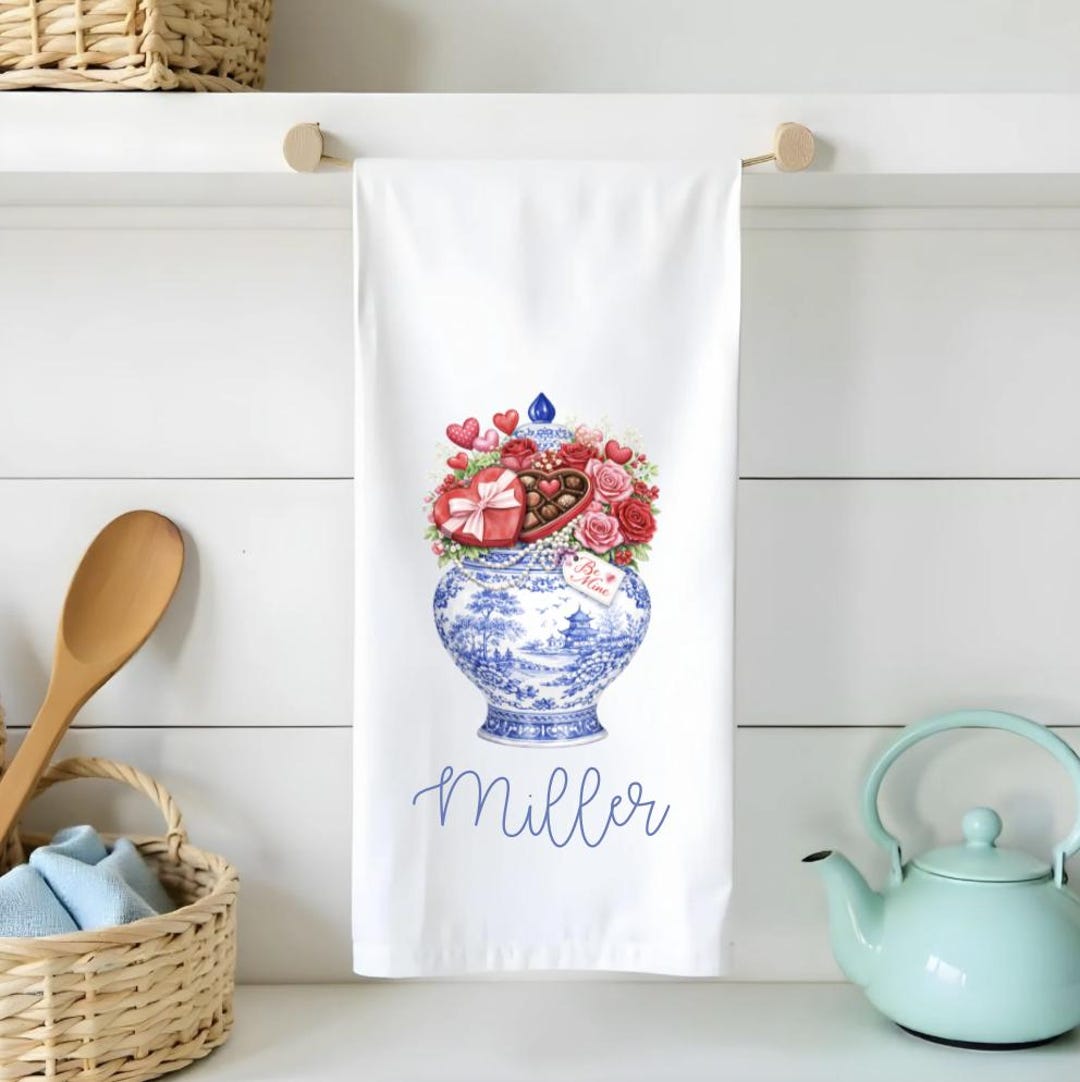 Personalized Ginger Jar Valentine Tea Towel, Chinoiserie Heart Kitchen ...