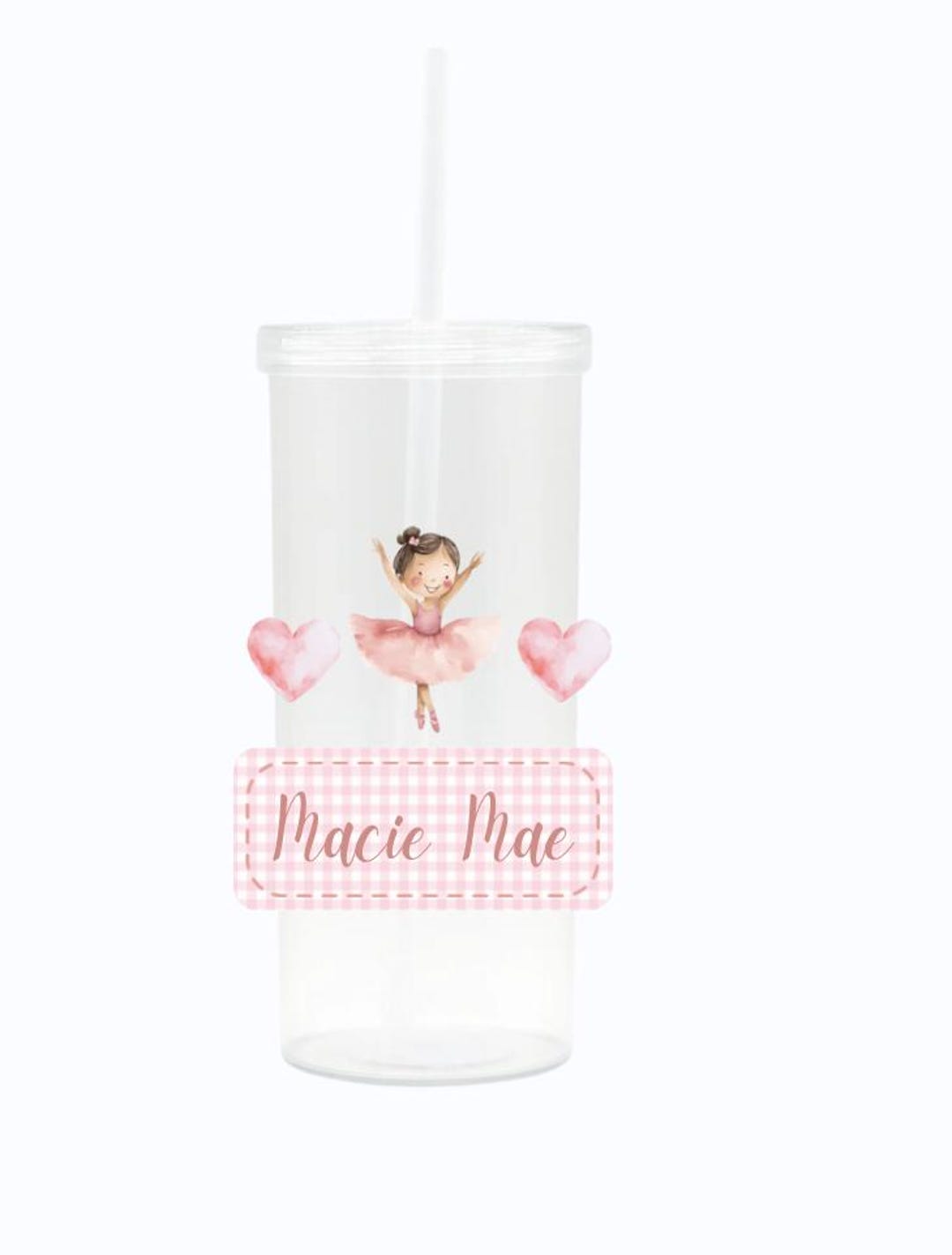 Preppy Girls Ballerina Dance Plastic Tumbler Cup, Gingham With Name ...