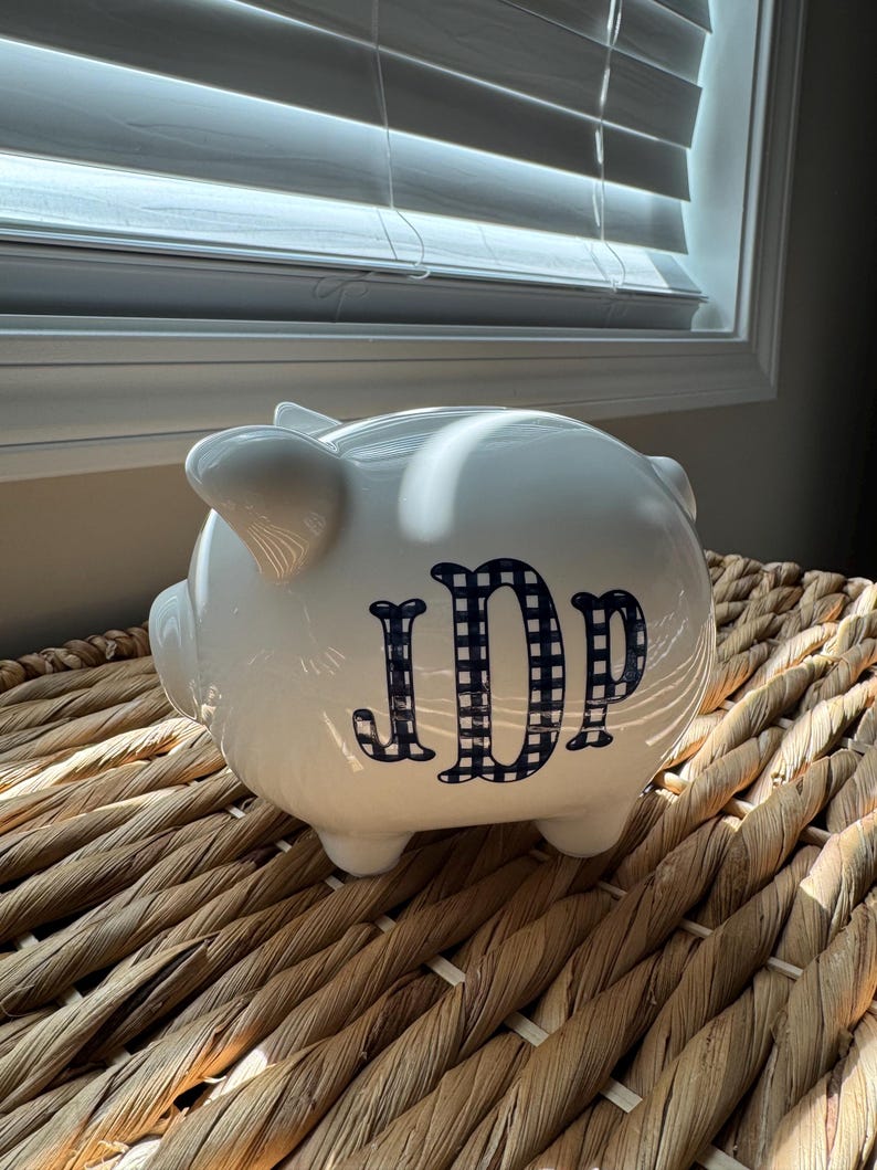Personalized Navy Blue Gingham Monogram Piggy Bank, Baby Boy Nursery ...