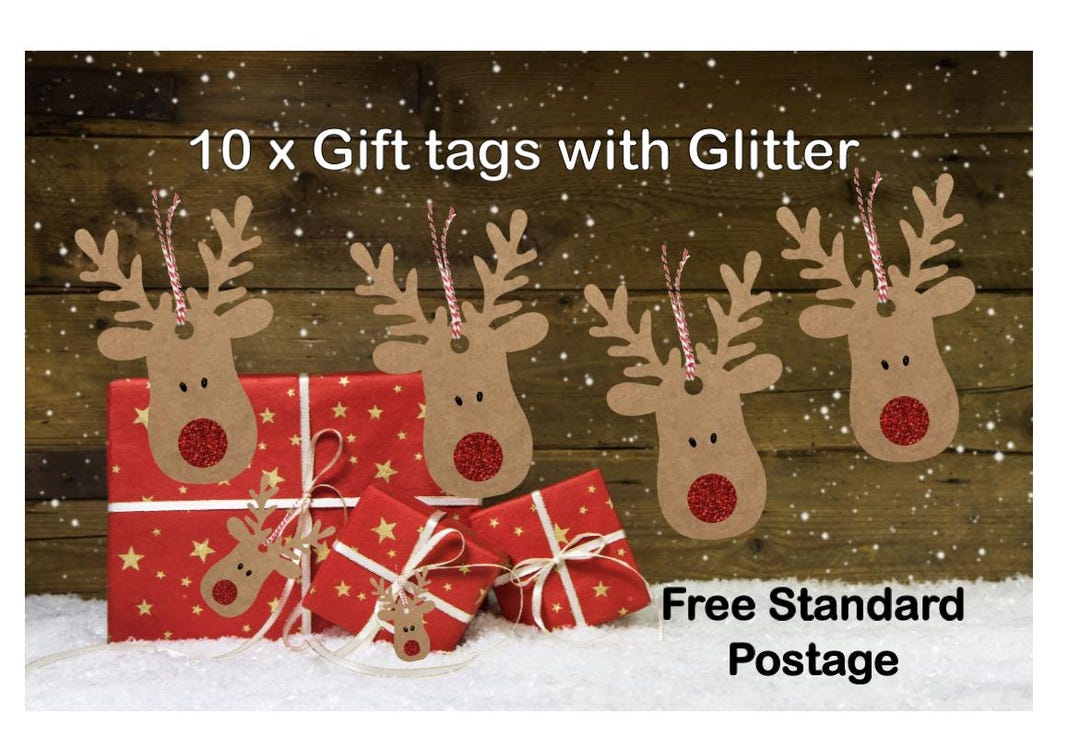10 X Reindeer Gift Tags, Red Nose - Glitter Vinyl - Etsy UK