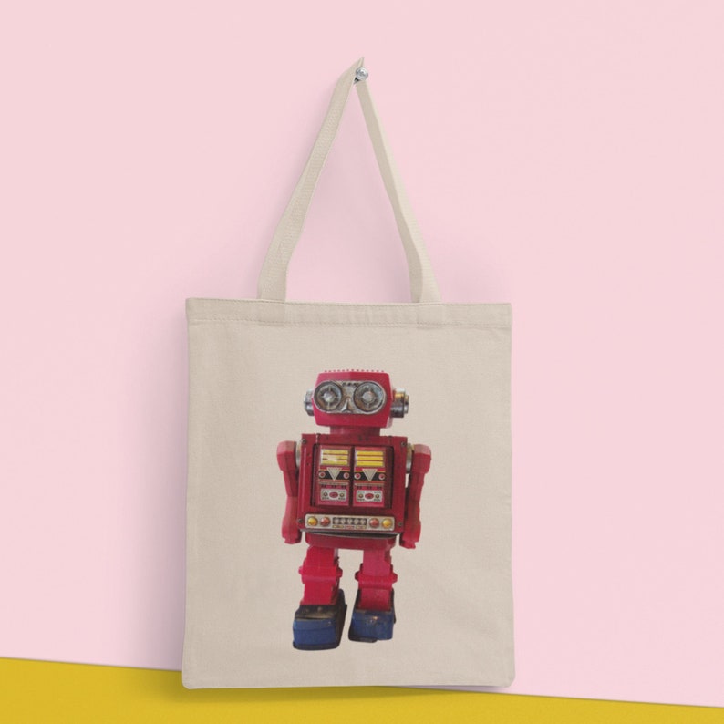 Robot Tote Bag Retro Futurism Art Reusable Bag With Long - Etsy