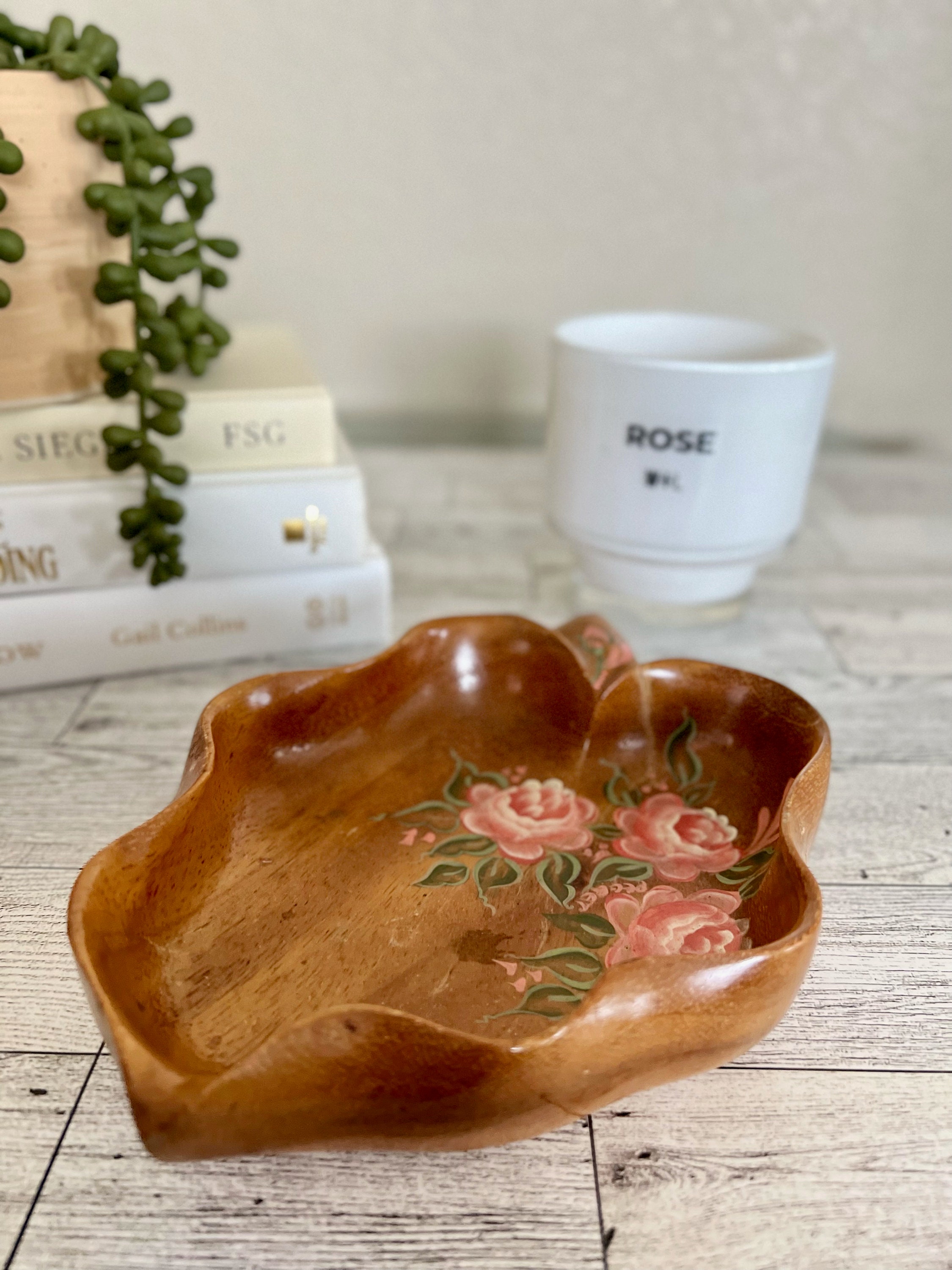 Teakwood Bowl With Hand Painted Roses Rose Painted Wooden Bowl Floral ...