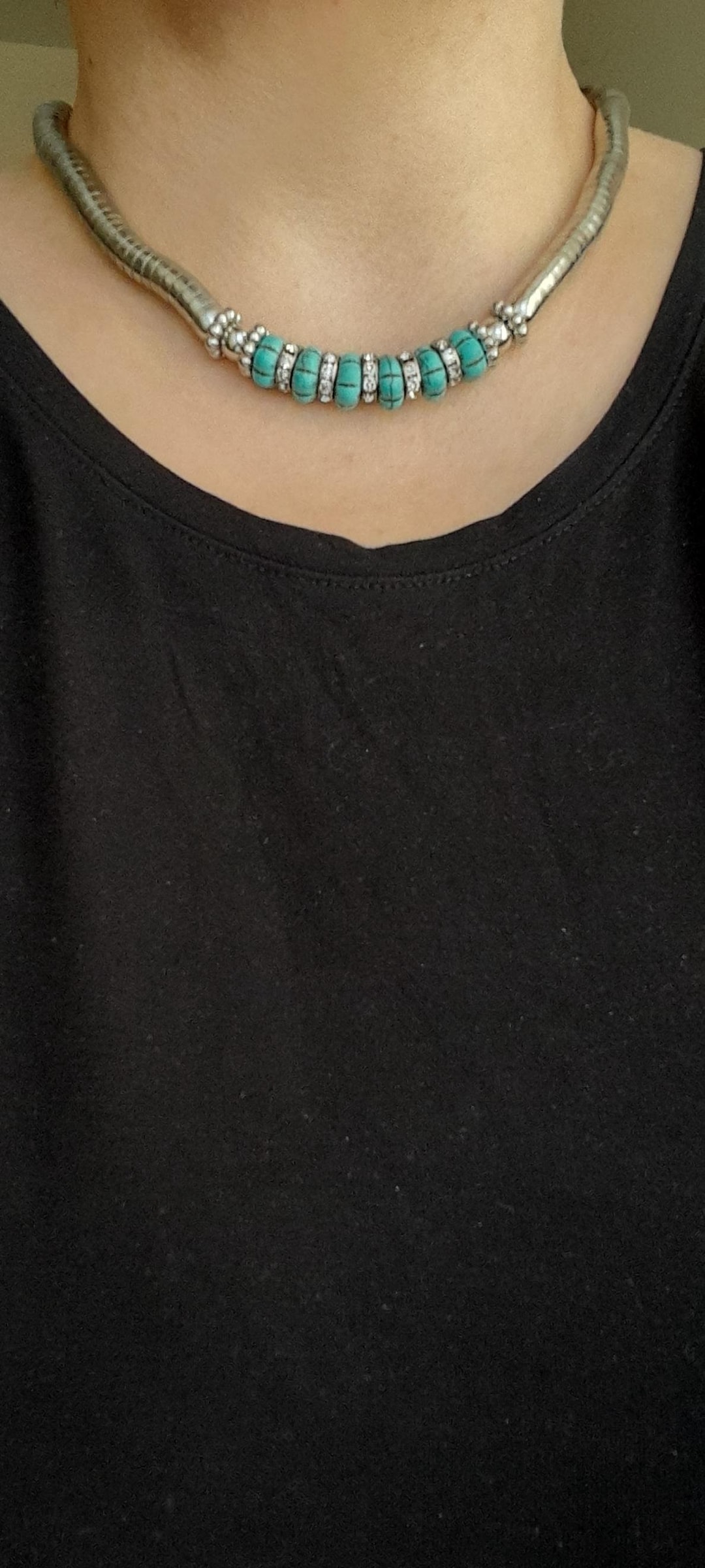 Silver Colour Snake Bendy Statement Women Necklace With Turquoise Beads ...