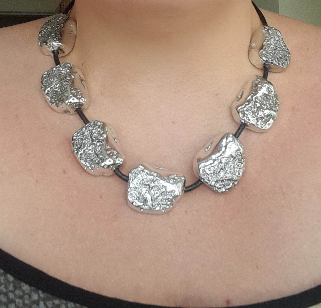 Silver Nuggets Chunky Statement Necklace Beads on Black Cord Holiday ...