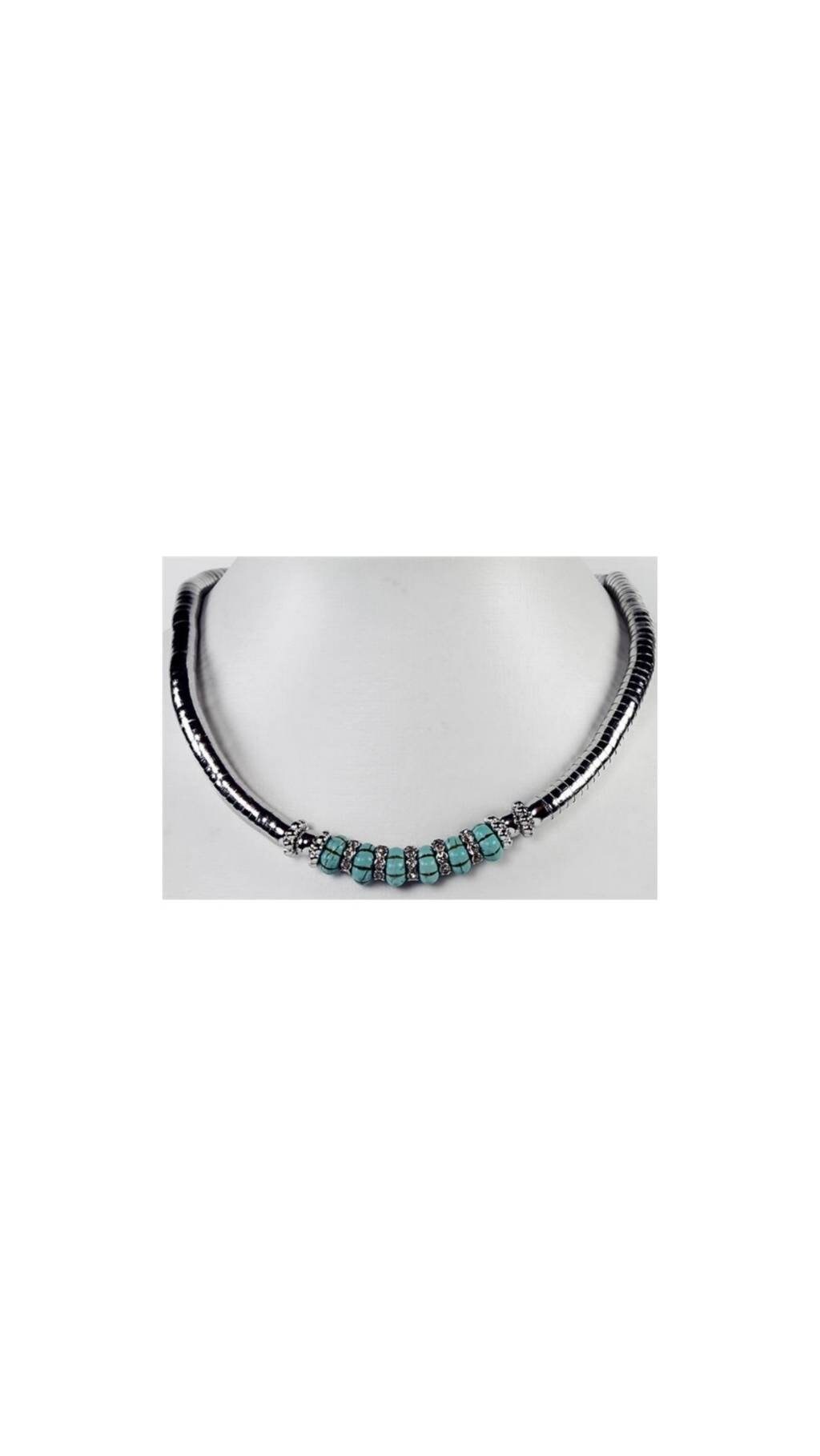 Silver Colour Snake Bendy Statement Women Necklace With Turquoise Beads ...