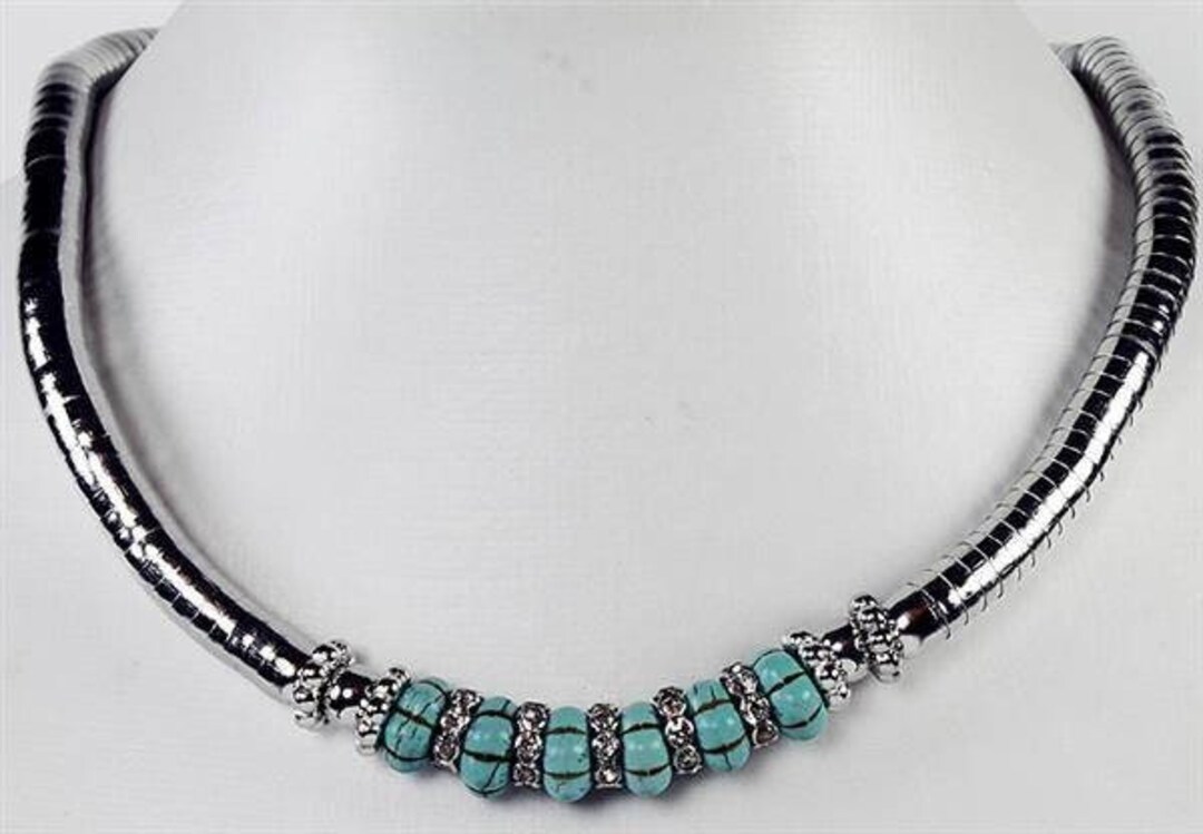 Silver Colour Snake Bendy Statement Women Necklace With Turquoise Beads ...