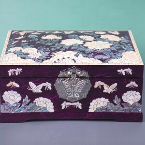 Mother of Pearl Asian Inlay Flower Jewelry Box Purple Vintage Keepsake ...