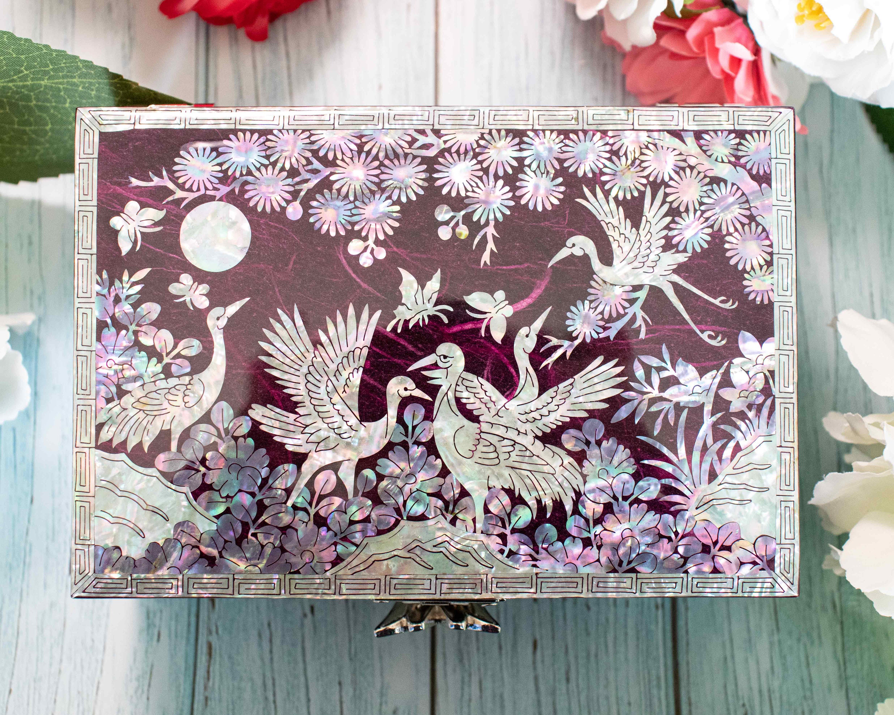 Mother of Pearl Purple Jewelry Lacquer Box Crane Art Handcrafted Box ...