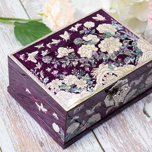 Mother of Pearl Asian Inlay Flower Jewelry Box Purple Vintage Keepsake ...