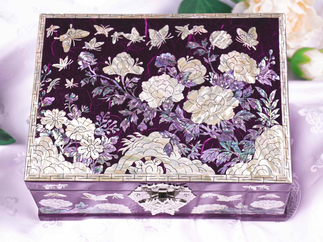 Mother of Pearl Asian Inlay Flower Jewelry Box Purple Vintage Keepsake ...