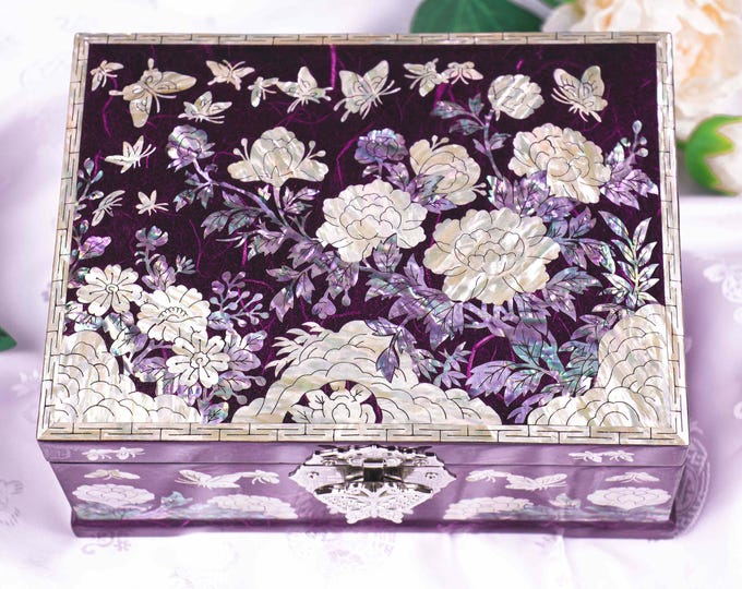 Mother of Pearl Asian Inlay Flower Jewelry Box Purple Vintage Keepsake ...