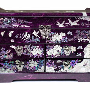 Large Size Mother of Pearl Purple Asian Jewelry Box Pine Tree Antique ...