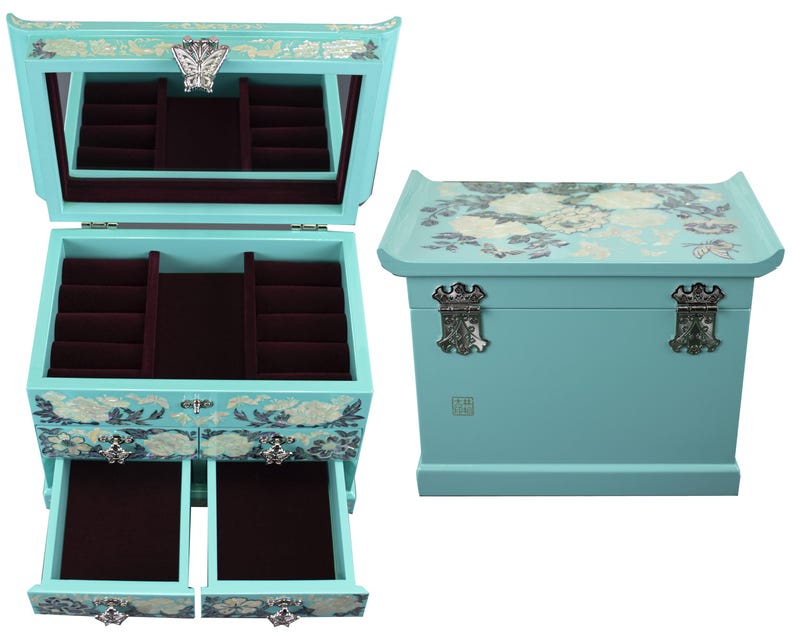 Light Blue Mother of Pearl Floral Lacquered Inlay Jewelry Box Hand ...