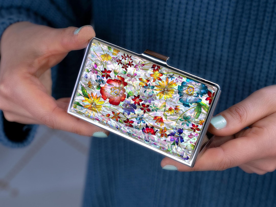 Floral Mother of Pearl Business Card Case Holder: Stainless Steel Slim ...