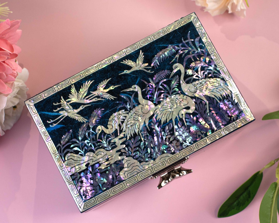 Mother of Pearl Asian Wood Jewelry Box Blue Vintage Keepsake Box ...