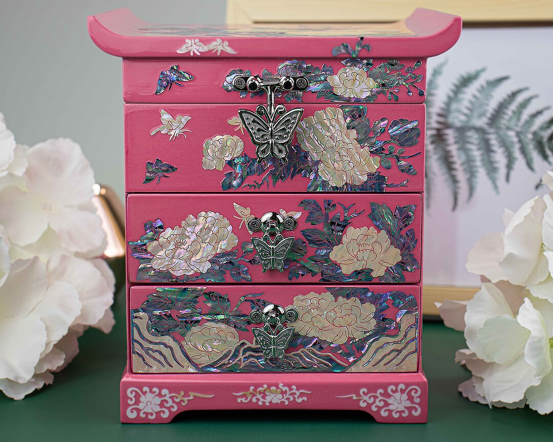 Mother of Pearl Lacquered Wood Asian Jewelry Box Hand Painted Jewerly ...