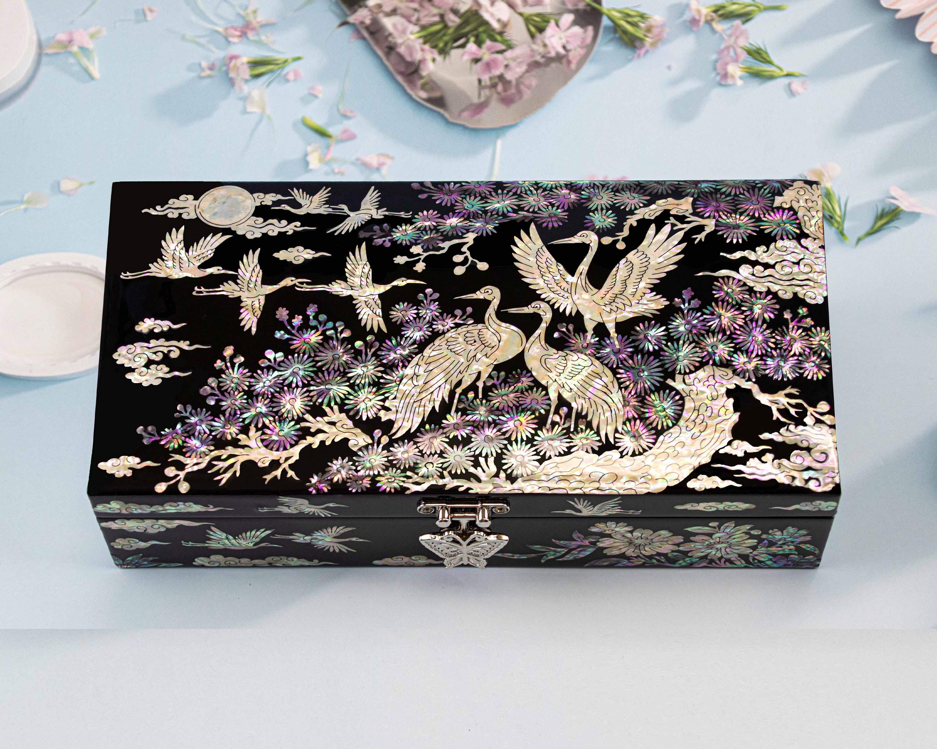 Mother of Pearl Korean Inlay Vintage Wood Jewelry Box Black Lacquer ...