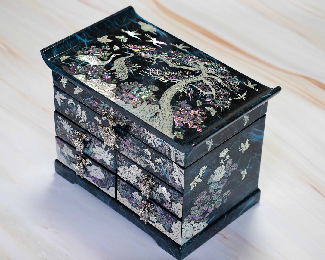 Mother of Pearl Asian Bird Jewelry Box Lacquer Inlay Tall Jewelry Box ...