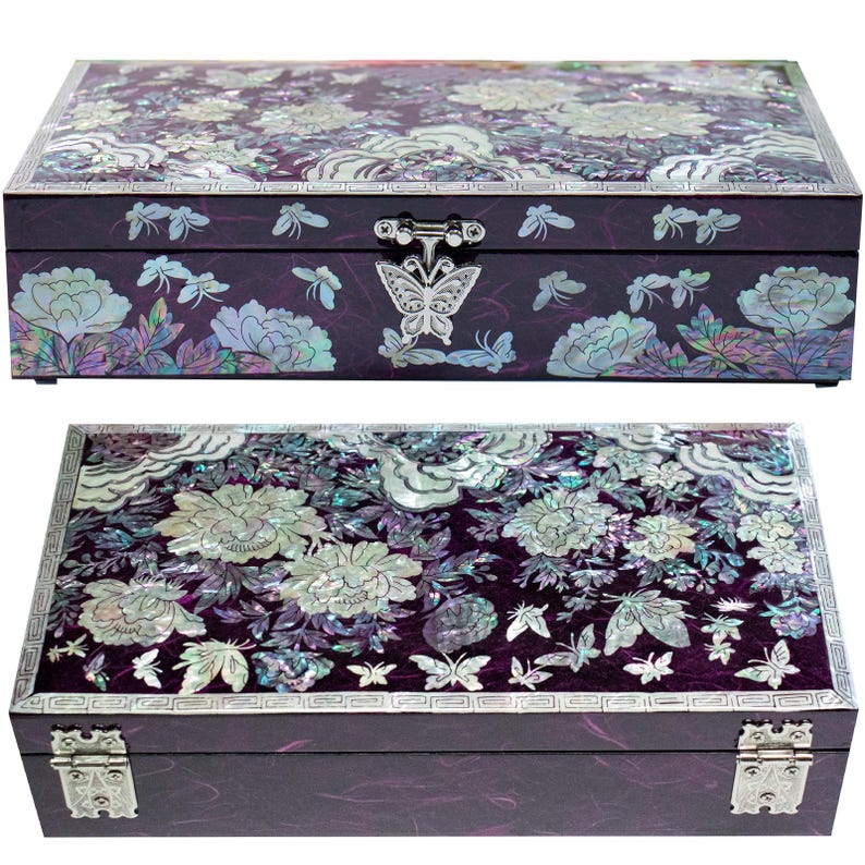 Mother of Pearl Purple Lacquer Jewelry Box Korean Wooden Inlay Keepsake ...