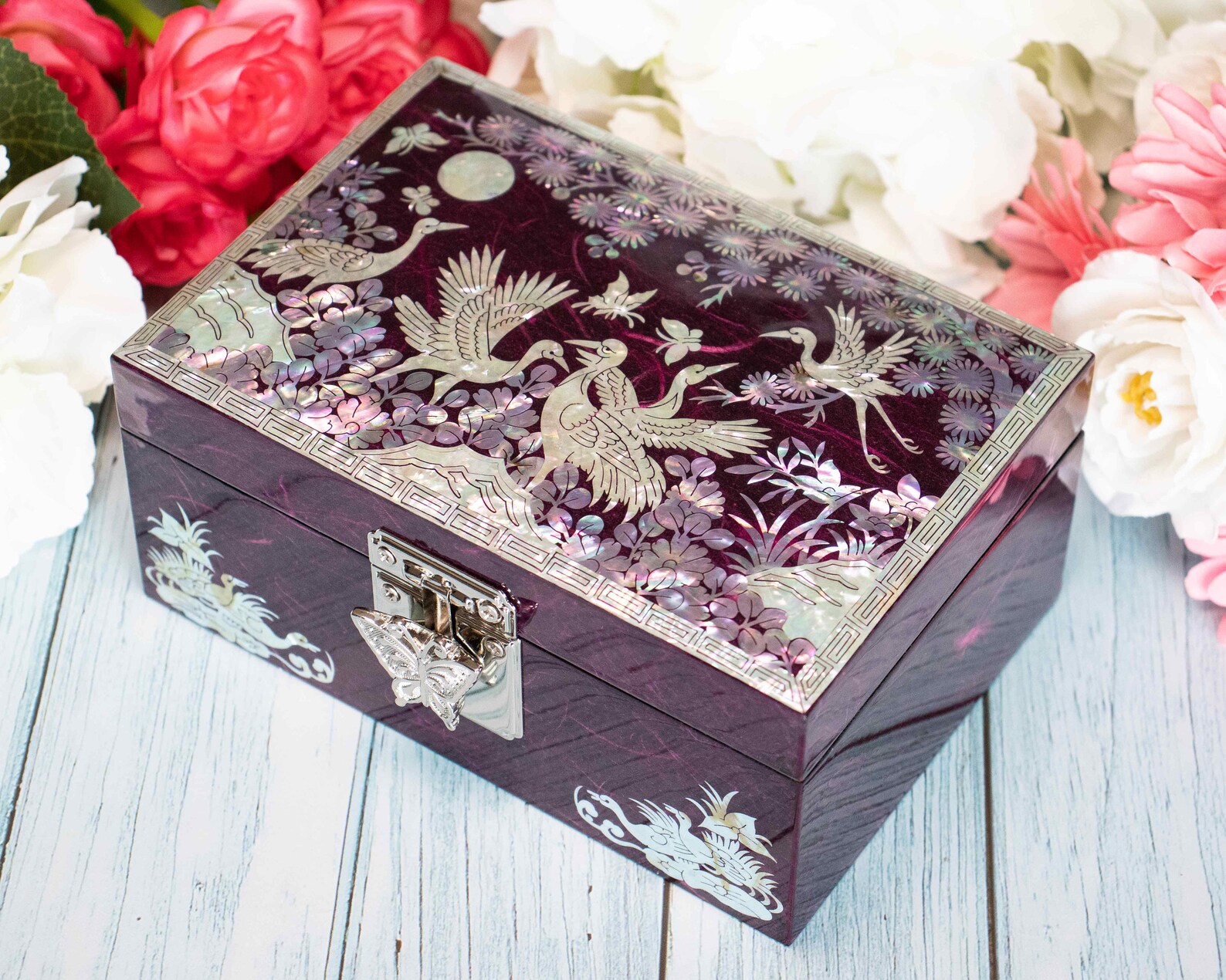 Mother of Pearl Purple Jewelry Lacquer Box Crane Art Handcrafted Box ...