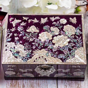 Mother of Pearl Asian Inlay Flower Jewelry Box Purple Vintage Keepsake ...