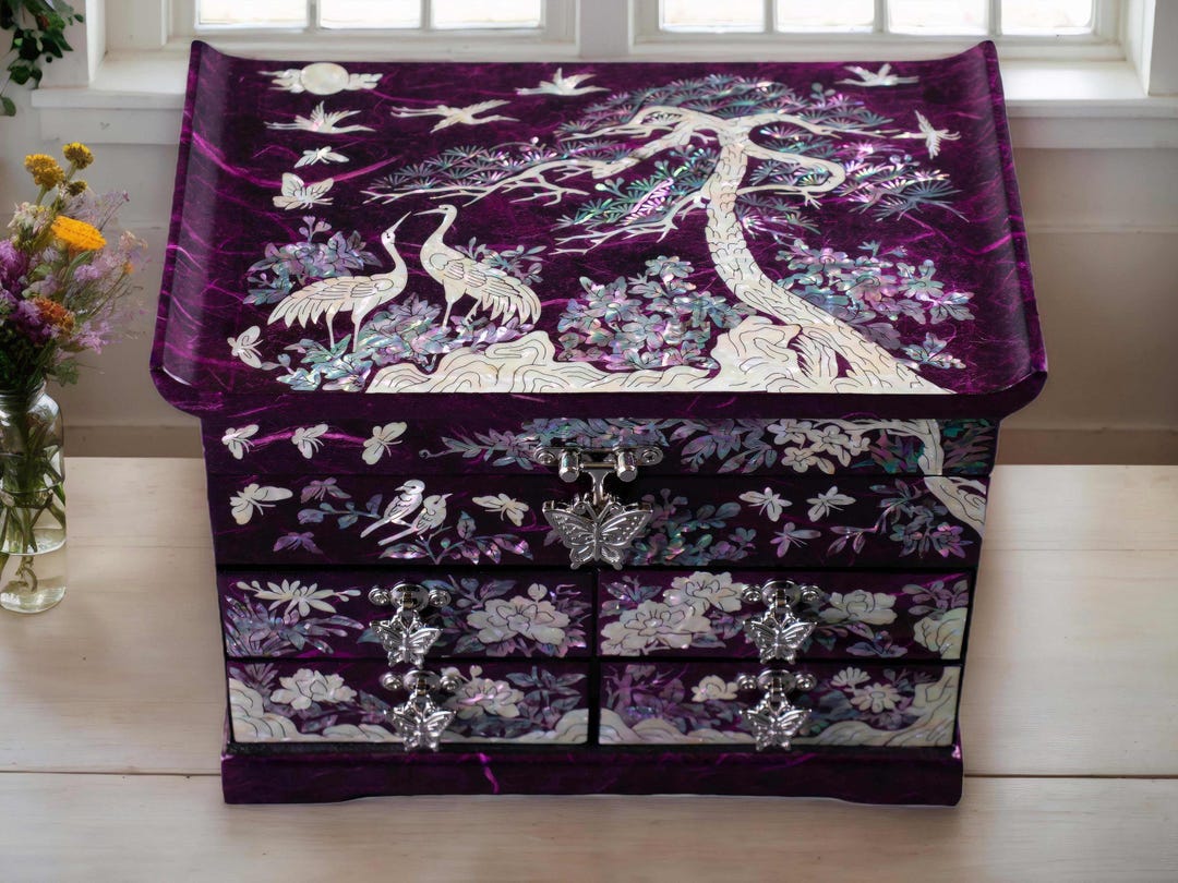 Mother of Pearl Purple Jewelry Box With Drawers Abalone Shell Antique ...