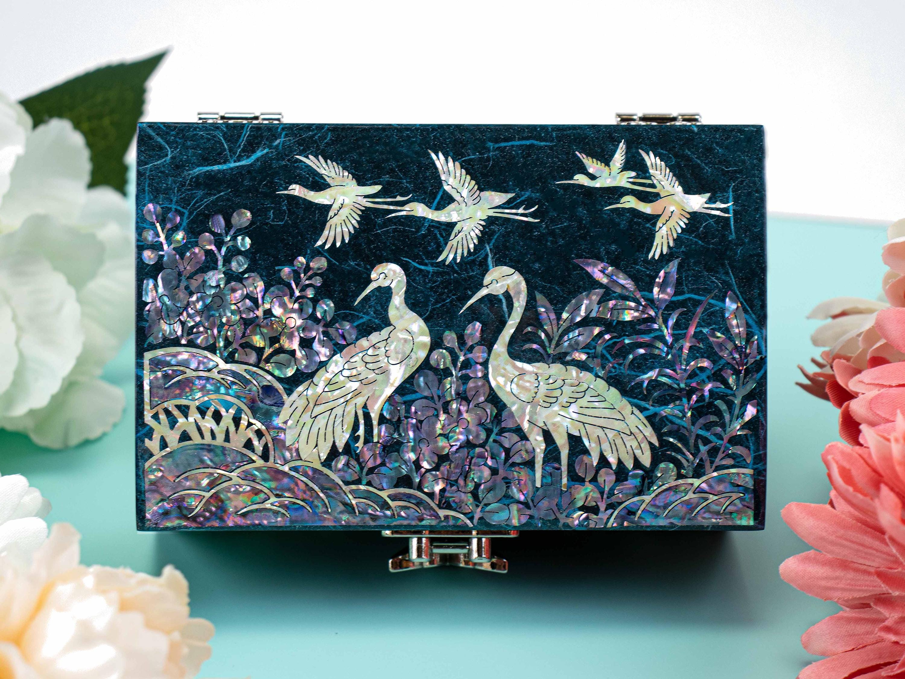Blue Mother of Pearl Inlay Oriental Bird Jewelry Trinket Box: Vintage ...