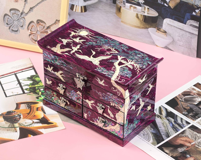 Large Mother of Pearl Purple Wooden Lacquer Jewelry Box With Crane Art ...