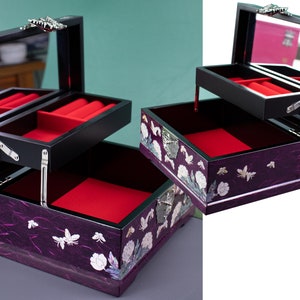 Mother of Pearl Asian Inlay Flower Jewelry Box Purple Vintage Keepsake ...
