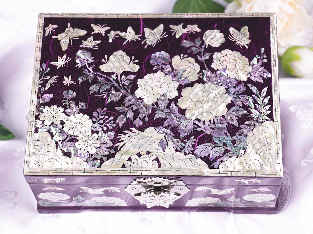 Mother of Pearl Asian Inlay Flower Jewelry Box Purple Vintage Keepsake ...
