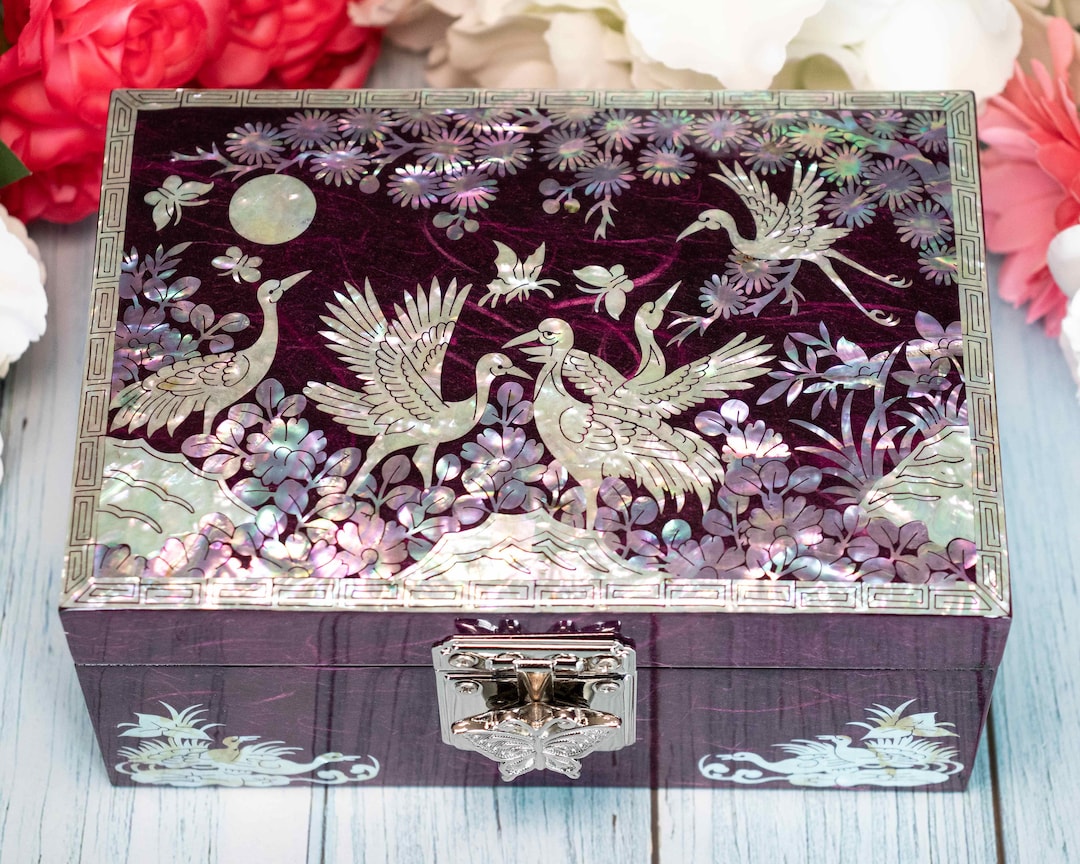 Mother of Pearl Purple Jewelry Lacquer Box Crane Art Handcrafted Box ...