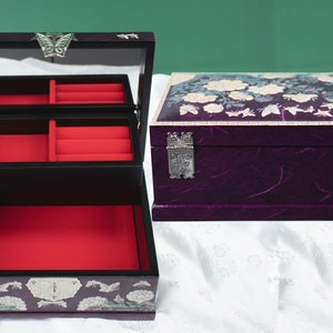 Mother of Pearl Asian Inlay Flower Jewelry Box Purple Vintage Keepsake ...