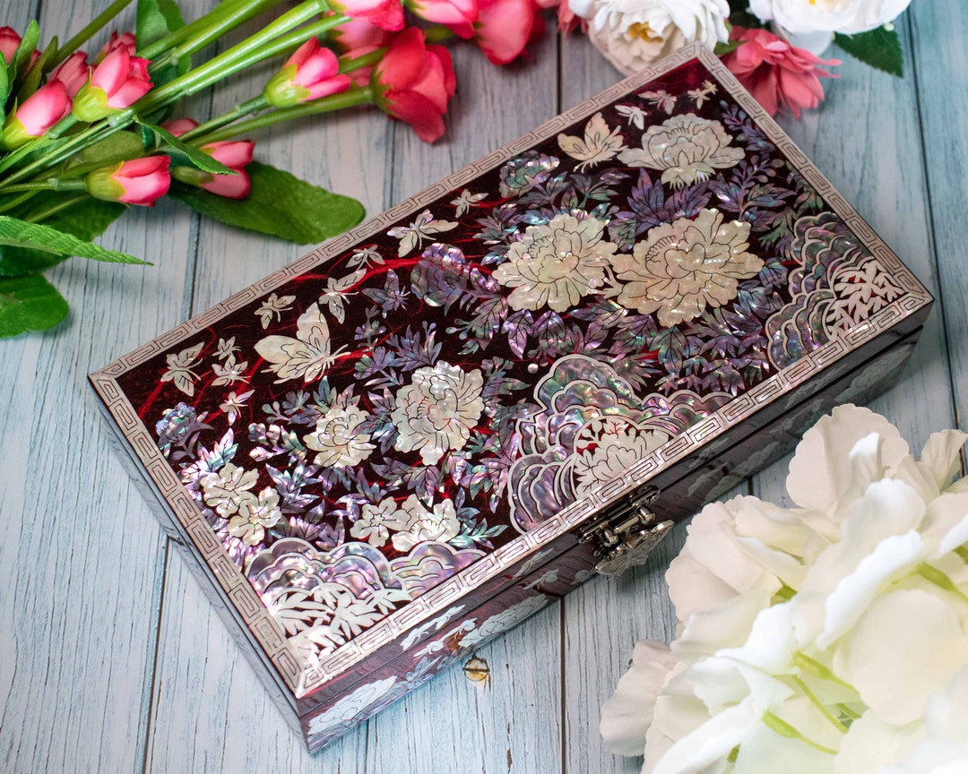 Mother of Pearl Red Jewelry Box Floral Vintage Keepsake Jewelry Holder ...