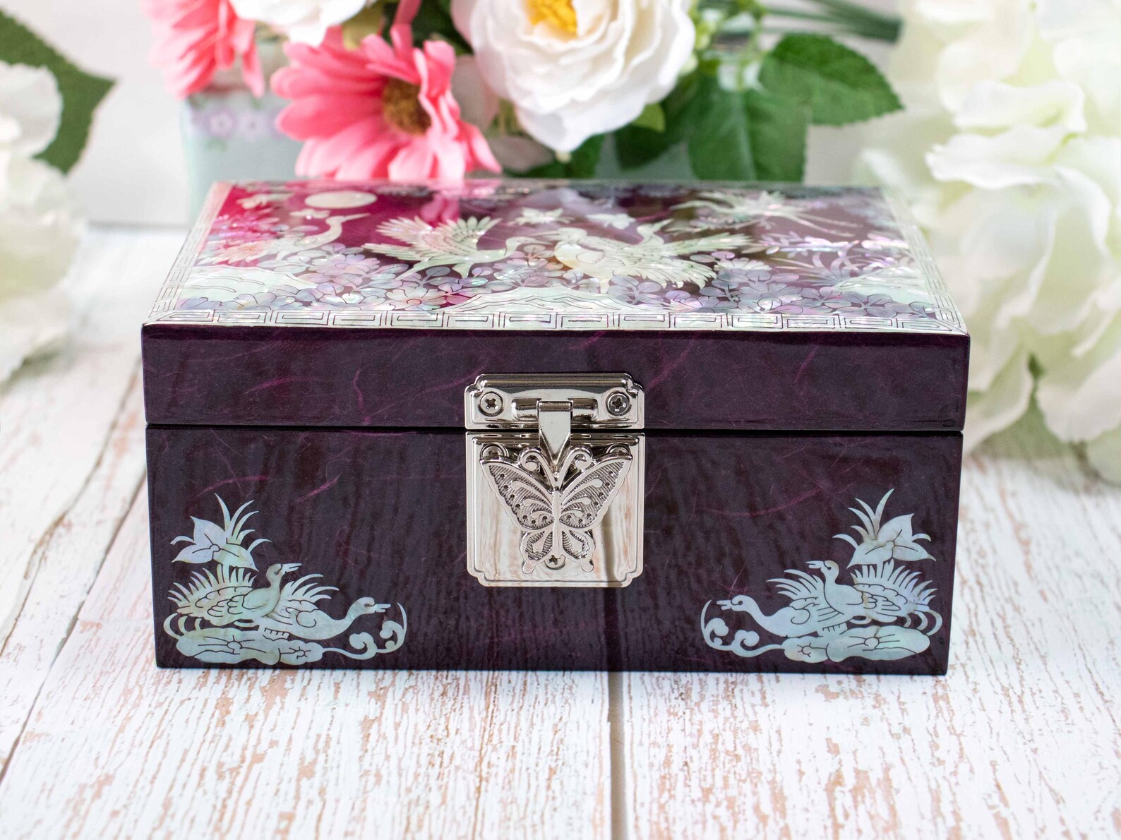 Mother of Pearl Purple Jewelry Lacquer Box Crane Art Handcrafted Box ...