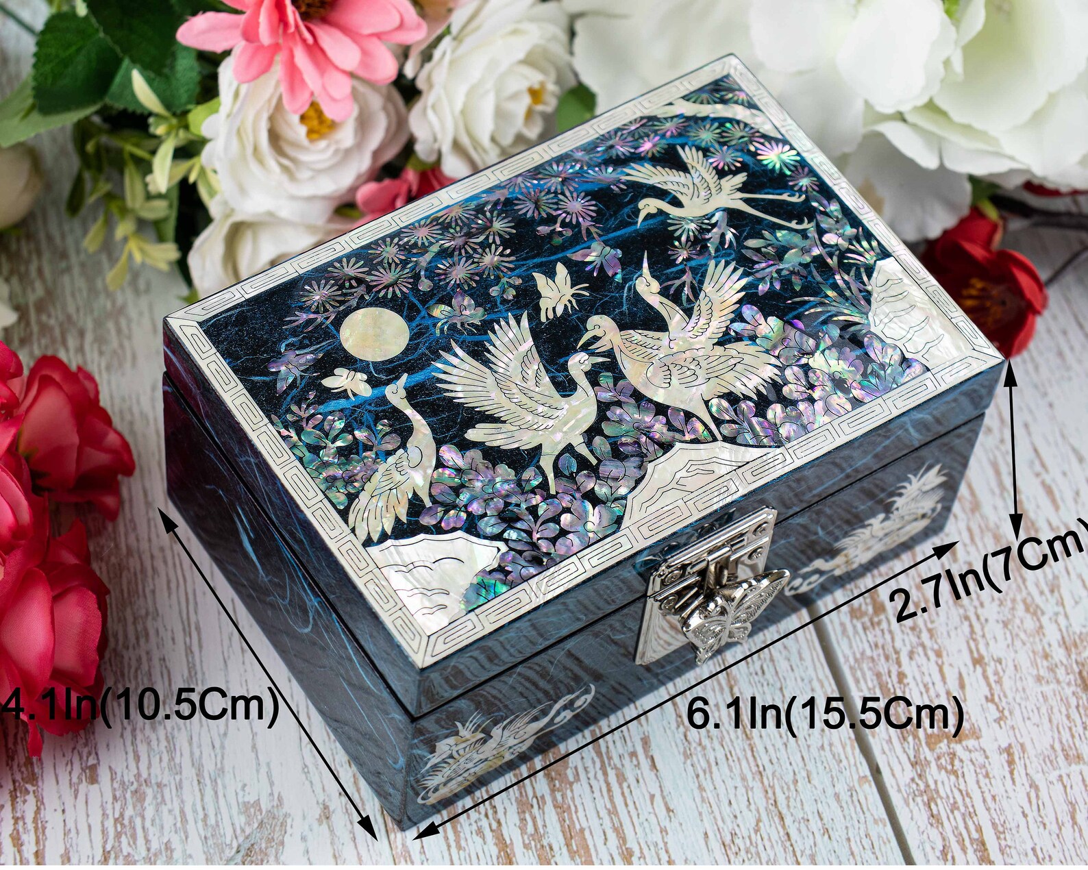 Mother of Pearl Purple Jewelry Lacquer Box Crane Art Handcrafted Box ...