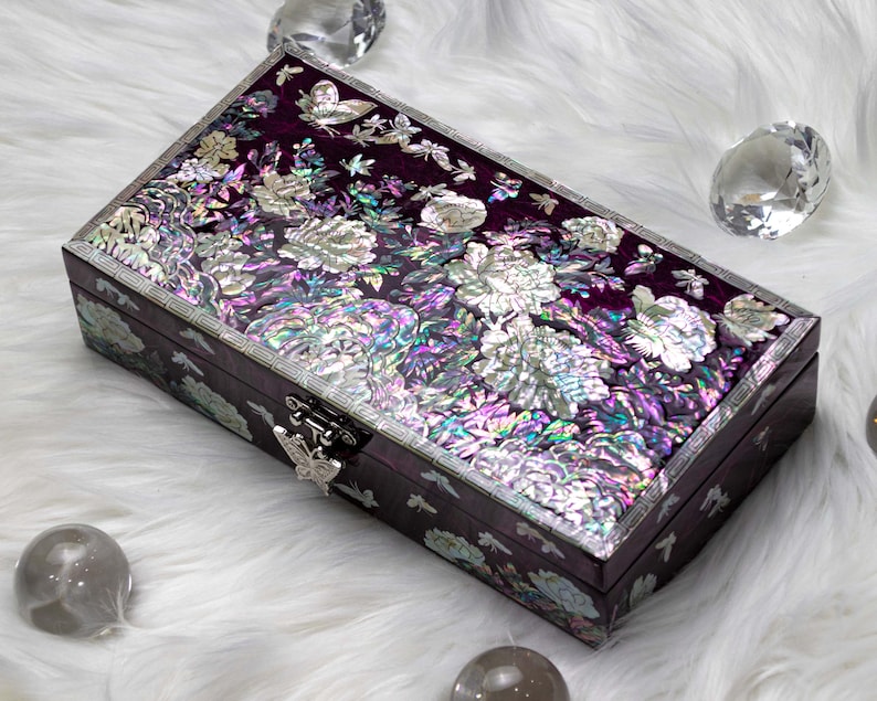 Mother of Pearl Purple Lacquer Jewelry Box Korean Wooden Inlay Keepsake ...
